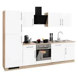 Wiho-Küchen Küchenzeile WIHO KÜCHEN "Cali", weiß (küche: braun, korpus: sonoma eiche nachbildung, arbeitsplatte: sonoma eiche nachbildung), B:280cm T:60cm, Komplettküchen-Sets, mit E-Geräten und Kühl-Gefrierkombination, Breite 280 cm