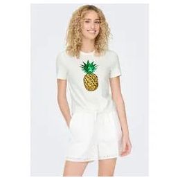 Kurzarmshirt Only "ONLKITA LIFE S/S FRUIT KNOT TOP BOX JRS", Damen, Gr. XS (34), weiß (cloud dancer print:pineapple), Single Jersey, Obermaterial: 100% Baumwolle, bedruckt, Rundhals, Shirts