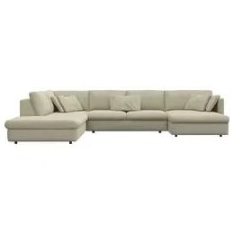 Wohnlandschaft FLEXLUX "Lovane, u-Form, bequem und komfortabel", beige (sandy beige), B:399cm H:84cm T:272cm, 100% Polyester, Sofas, Weich & anschmiegsam, große Sitztiefe auf Kaltschaum, Dekokissen inkl.