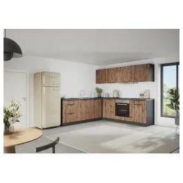 Winkelküche KOCHSTATION "KS-Lagos, Stellbreite 240/240 cm", beige (küche: natur, front: listrado eiche, korpus: grafitgrau, arbeitsplatte: betongrau), B:240cm H:200cm T:60cm, Komplettküchen-Sets, Küchenzeile, wahlweise mit E-Geräten und Spüle edelstahl oder schwarz
