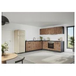 Winkelküche KOCHSTATION "KS-Lagos, Stellbreite 240/240 cm", beige (küche: natur, front: listrado eiche, korpus: grafitgrau, arbeitsplatte: betongrau), B:240cm H:200cm T:60cm, Komplettküchen-Sets, Küchenzeile, wahlweise mit E-Geräten und Spüle edelstahl oder schwarz