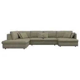 Wohnlandschaft FLEXLUX "Lovane, u-Form, bequem und komfortabel", grün (fall grün), B:399cm H:84cm T:272cm, 62% Polyester/14% Cotton/7% Linen, Sofas, Weich & anschmiegsam, große Sitztiefe auf Kaltschaum, Dekokissen inkl.