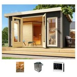 Saunahaus Konifera "Maiko 3 SET A", grau (terragrau), Saunaofen, externe Steuerung, 9 kW, Saunen, terragrau, mit Ofen 9 kW ext. Steuerung