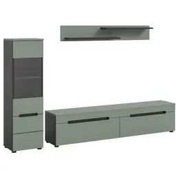Wohnwand Inosign "REHAT, TOPSELLER, 3-teilig, wahlweise stehend und hängend montierbar", basalt grau, smoke grün nb, B:221cm H:141cm T:33cm, Spanplatte, Kastenmöbel-Sets, Kombination, Anbauwand, Set, Wohn-Set, Wohnzimmer-Set, Schrankwand
