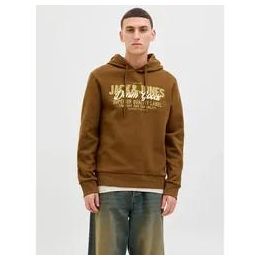 Jack & Jones Kapuzensweatshirt JACK & JONES "JJELOGO SWEAT HOOD 2 COL 25/26 NOOS", Herren, Gr. L, monks robe, angeraute Sweatware, Obermaterial: 70% Baumwolle, 30% Polyester, bedruckt, regular fit normal, Rundhals, Rippbündchen, Sweatshirts, mit stylischem Print