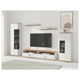 Wohnwand Home Affaire "Ribe Wohnwand Set-5 St.", weiß, eiche, Holzwerkstoff, Massivholz, Kastenmöbel-Sets, Glaseinsatz aus gehärtetem Glas,Böden teilweise versetzbar