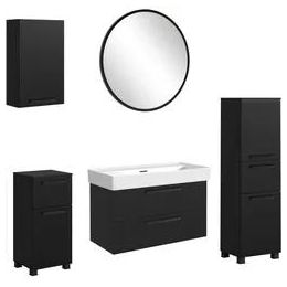 Badmöbel-Set Welltime "SALVADA, 5tlg-Set, gedämpfte Scharniere, Softclose, Keramikbecken", schwarz, B:180cm H:200cm T:47,5cm, MDF, Kastenmöbel-Sets, Schwarz, Keramikbecken 1 od. 2 Armaturlochbohrungen