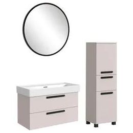 Badmöbel-Set Welltime "SALVADA, 3tlg-Set, gedämpfte Scharniere, Softclose, Keramikbecken", kaschmir, B:140cm H:200cm T:47,5cm, MDF, Kastenmöbel-Sets, Kaschmir, Keramikbecken 1 od. 2 Armaturlochbohrungen
