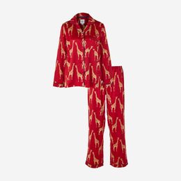 Chelsea Peers Rotes Pyjama-Set aus Satin mit Giraffenmuster
