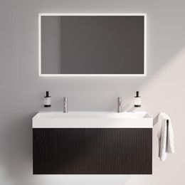 neoro n50 stripes Unterschrank B: 120 cm mit 1 Auszug, eiche schwarz profiliert, mit Spiegel, Doppelwaschtisch cube, BN0146WM+BN0489BBO+BN0005MI,