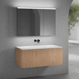 neoro n50 line Unterschrank B: 120 cm mit 1 Auszug, mit profilierter Eichenfront, Waschtisch ohne Hahnloch weiß matt, mit Spiegelschrank,