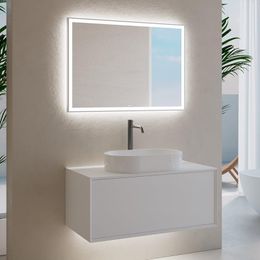 neoro n60 Unterschrank B: 100 cm mit 1 Auszug, Waschtisch weiß, mit Lichtspiegel, BN0928WH+BN0756WM+BN0028MI,