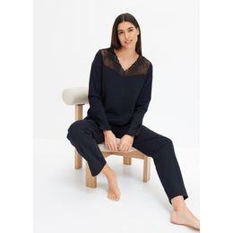 bonprix Pyjama mit zarter Spitze, schwarz, 100% Baumwolle