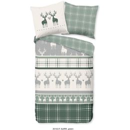 Wendebettwäsche Good Morning "Bjirk", grün, B/L: 200cm x 200cm, 1 Stk., 2 Stk., Flanell, B/L: 80cm x 80cm & 80cm x 80cm, 3 Stk., Flanell, Obermaterial: 100% Baumwolle, Bettwäsche, Flanell, Biber, Winter, Warm, Reißverschluss, Wendeoptik, Hirsch, Grün
