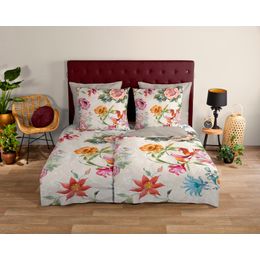 Wendebettwäsche Good Morning "Jaimy", beige (sand), B/L: 155cm x 220cm, 1 Stk., 1 Stk., Renforcé, B/L: 80cm x 80cm, 2 Stk., Renforcé, Obermaterial: 100% Baumwolle, Bettwäsche, Baumwolle, 135x200, 2 Teilig, Reißverschluss, Wendeoptik, Blumen, Sand