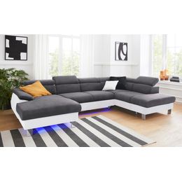 Wohnlandschaft COTTA "Komaris U-Form, B: 320 cm", weiß (weiß, stone), B:320cm, Microfaser PRIMABELLE (100% Polyester);Kunstleder SOFTLUX;Feinstruktur (100% Polyester);Kunstleder SOFTLUX/Struktur (100% Polyester);NaturLEDER, Sofas, mit Kopfteilverstellung, optional Bettfunktion, Bettkasten & Licht