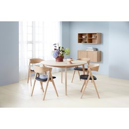 Esstisch HAMMEL FURNITURE "Basic Single, ausziehbar, inklusive 2 Einlegeplatten", beige (naturfarben), B:130cm H:76cm T:130cm, Tischplatte: Eiche Melamin mit weiß pigmentierter Eichenkante (Mattlack), Gestell: Eiche massiv weiß pigmentiert, Tische, Ø130/228 cm, Melamin / Massivholz, stabiler dänische Design Tisch