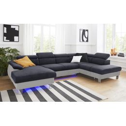 Wohnlandschaft COTTA "Komaris U-Form, B: 320 cm", grau (argent, schwarz), B:320cm, Microfaser PRIMABELLE (100% Polyester);Kunstleder SOFTLUX;Feinstruktur (100% Polyester);Kunstleder SOFTLUX/Struktur (100% Polyester);NaturLEDER, Sofas, mit Kopfteilverstellung, optional Bettfunktion, Bettkasten & Licht