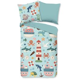 Kinderbettwäsche "Sailor", blau (aqua), B/L: 135cm x 200cm, 1 Stk., 1 Stk., Microfaser, B/L: 80cm x 80cm, 2 Stk., Microfaser, Obermaterial: 100% Polyester, PURE LUXURY COLLECTION, Bettwäsche, Mikrofaser, 135x200, 2 Teilig, Wendeoptik, Kind, Meerestiere, Maritim