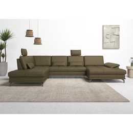 Wohnlandschaft Places of Style "Costello U-Form, B: 363 cm mit Sitztiefen-, Armteilverstellung &", grün (olive), B:363cm H:89cm T:223cm, Luxus-Microfaser (90% Polyester, 10% Polyamid);Samtoptik (100% Polyester), Sofas, 3 Nierenkissen, optional Bettfunktion & Bettkasten