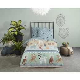 Kinderbettwäsche Good Morning "Play", bunt (multi, blau), B/L: 135cm x 200cm, 1 Stk., 1 Stk., Renforcé, B/L: 80cm x 80cm, 2 Stk., Renforcé, Obermaterial: 100% Baumwolle, Bettwäsche, 100% Baumwolle, 135x200, Reißverschluss, Wendeoptik, Kind, Tier, Affe