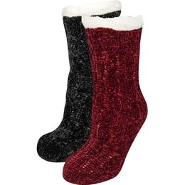 Kuschelsocken Capelli New York, Damen, rot (bordeaux, schwarz), Obermaterial: 100% Polyester, Zopfmuster, uni, Socken, mit Antirutsch-Noppen
