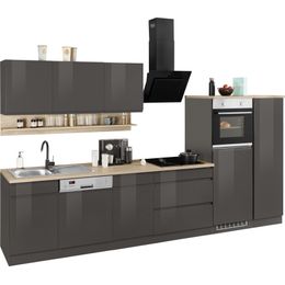 Küchenzeile KOCHSTATION "KS-Virginia", grau (küche: grau, front: grau hochglanz, korpus: graphit, arbeitsplatte: eiche sonoma), B:350cm H:200cm T:60cm, Komplettküchen-Sets, Breite 350 cm, ohne E-Geräte