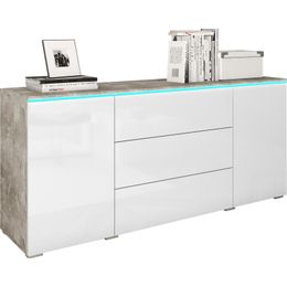 Sideboard Inosign "VERA, grifflos", grau (betonoptik, weiß hochglanz), B:150cm H:67,9cm T:39,5cm, Sideboards, verstellbare Einlegeböden, Wahlweise mit oder ohne Beleuchtung