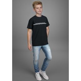 Stretch-Jeans Arizona "mit schmalem Bein für Jungen", Jungen, Gr. 164, N-Gr, blau (blau, used), Denim/Jeans, Obermaterial: 68% Baumwolle, 31% Polyester, 1% Elasthan, Basic, skinny fit, Jeans, skinny fit, gerade Beinform, trendiger Used-Look