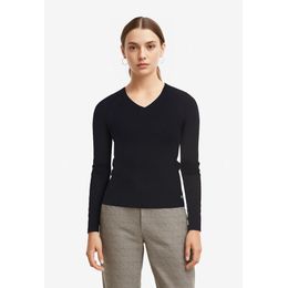 Strickpullover BOSS Orange "Fardella Premium Damenmode", Damen, Gr. S, blau (dunkelblau 408), Strick, Obermaterial: 100% Baumwolle, unifarben, V-Ausschnitt, Pullover, mit Ajouré-Details