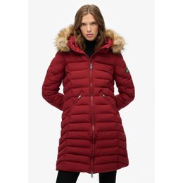 Steppjacke Superdry "FUJI FAUX FUR HOOD MID LENGTH", Damen, Gr. L, rot (wine rot), Web, Obermaterial: 100% Polyester, unifarben, slim fit, Jacken