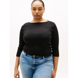 T-Shirt Tommy Hilfiger Curve "CRV SLIM CODY BOAT-NK 3/4SLV", Damen, Gr. 46, schwarz, Single Jersey, Obermaterial: 100% Baumwolle, unifarben, slim fit normal, U-Boot-Ausschnitt, eng abgerundeter Saum, Shirts, in Großen Größen, 3/4 Ärmel, Logostickerei
