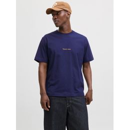 Jack & Jones Kurzarmshirt JACK & JONES "JORNORREBRO EMB TEE SS CREW NECK NOOS", Jungen, Gr. S, blau (ocean cavern), Jersey, Obermaterial: 100% Baumwolle, bedruckt, relaxed fit normal, Rundhals, gerader Abschluss, Shirts, mit Logo Print