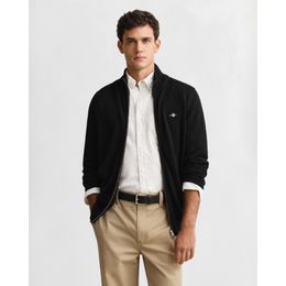 Cardigan Gant "CASUAL COTTON ZIP CARDIGAN", Herren, Gr. 4XL, schwarz, Strick, Obermaterial: 100% Baumwolle, regular fit, Rundhals, angeschnitten,eingesetzt,Ärmel ohne Ärmelschlitz Rippbündchen, Strickjacken, Mit Rippbündchen an Stehkragen, Ärmeln und Saum