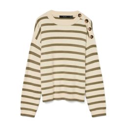 Véro Moda Rundhalspullover VERO MODA "VMSABA LS O-NECK BUTTON PULLOVER GA NOOS", Damen, Gr. L, birch stripes:mermaid with horn button, Strick, Obermaterial: 50% Viskose, 28% Polyester, 22% Nylon, gestreift, taillenlang, Rundhals, Pullover, mit Zierknöpfen auf der linken Schulter