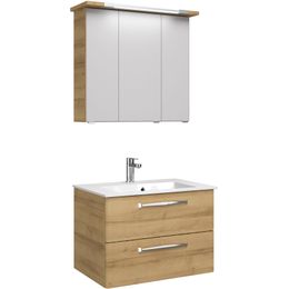 Badmöbel-Set SAPHIR "Trentino 2-tlg. Mineralmarmor-Waschtisch,Spiegelschrank mit LED-Profil", braun (riviera eiche quer nb), Kastenmöbel-Sets, Badmöbel-Set 77cm breit, inkl. Türdämpfer, 3 Türen, 2 Auszügen