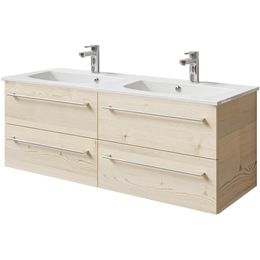 Waschtisch SAPHIR "Serie 6025 Mineralmarmor-Waschtisch mit Unterschrank, 132 cm breit", braun (polar pinie, polar pinie quer nb), B:132cm H:49,9cm T:48cm, Waschtische, Doppel-Waschplatz mit 4 Schubladen, hängend, verschiedene Ausführungen