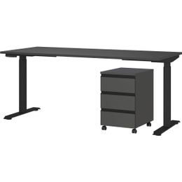 Büromöbel-Set Germania "Lemont", grau (graphit), B:235cm H:120cm T:80cm, Kunststoff, Metall, Spanplatte, Arbeitsmöbel-Sets, Set bestehend aus höhenverstellbarem Schreibtisch und Rollcontainer