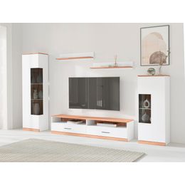 Wohnwand Home Affaire "Ribe Wohnwand Set-5 St.", weiß, kernbuche, B:240cm H:180cm T:35cm, Holzwerkstoff, Massivholz, Kastenmöbel-Sets, Glaseinsatz aus gehärtetem Glas,Böden teilweise versetzbar