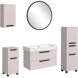 Badmöbel-Set Welltime "SALVADA, 5tlg-Set, gedämpfte Scharniere, Softclose, Keramikbecken", kaschmir, B:180cm H:200cm T:47,5cm, MDF, Kastenmöbel-Sets, Kaschmir, Keramikbecken 1 od. 2 Armaturlochbohrungen