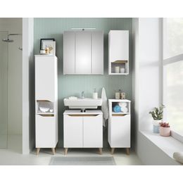 Badmöbel-Set SAPHIR "Quickset 5-teilig, Waschbeckenunterschrank mit LED-Spiegelschrank", weiß (weiß seidenglanz), B:125cm T:33cm, Glas, Spanplatte, Kastenmöbel-Sets, Unterschrank, Hängeschrank, Midischrank, inkl. Türdämpfer, 9 Türen