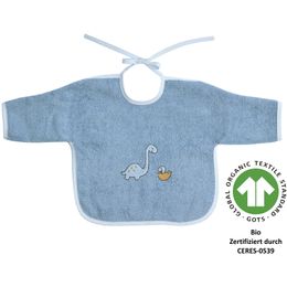 Wörner Lätzchen WÖRNER "Dinofamilie", Baby, stahlblau, Baumwolle, Lätzchen, Biobaumwolle, mit Ärmeln, maschinenwaschbar, trocknergeeignet