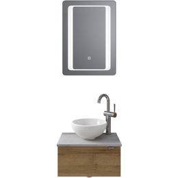 Badmöbel-Set SAPHIR "Serie 6915", grau (riviera eiche, oxid hellgrau), B:51cm H:200cm T:35cm, Kastenmöbel-Sets, Gäste-Bad, 51 cm breit, mit LED-Spiegel und 1 Tür