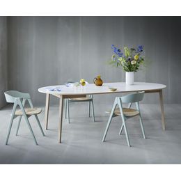Esstisch HAMMEL FURNITURE "Basic Single, ausziehbar, inklusive 2 Einlegeplatten", weiß (weiß, naturfarben, naturfarben, weiß), B:130cm H:76cm T:130cm, Tischplatte: Weißes Melamin mit weiß pigmentierter Eichenkante (Mattlack), Gestell: Eiche massiv weiß pigmentiert, Tische, Ø130/228 cm, Melamin / Massivholz, stabiler dänische Design Tisch