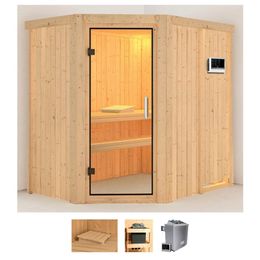 Sauna Karibu "Clara", beige (naturbelassen), Saunaofen, externe Steuerung, 9, Saunen, 9 KW-Ofen mit externer Steuerung