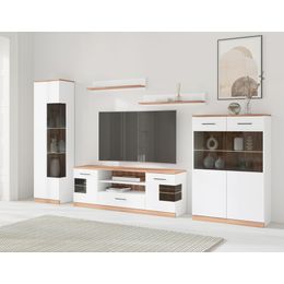 Wohnwand Home Affaire "Ribe Wohnwand Set-5 St.", weiß, kernbuche, B:297cm H:180cm T:35cm, Holzwerkstoff, Massivholz, Kastenmöbel-Sets, Glaseinsatz aus gehärtetem Glas,Böden teilweise versetzbar
