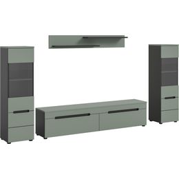 Wohnwand Inosign "REHAT, TOPSELLER, 4-teilig, wahlweise stehend und hängend montierbar", basalt grau, smoke grün nb, B:272cm H:141cm T:33cm, Spanplatte, Kastenmöbel-Sets, Kombination, Anbauwand, Set, Wohn-Set, Wohnzimmer-Set, Schrankwand