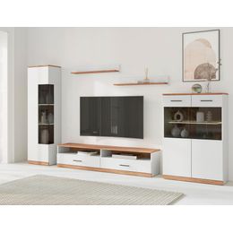 Wohnwand Home Affaire "Ribe Wohnwand Set-5 St.", weiß, eiche, B/H/T: 277cmcm x 180cmcm x 35cmcm, Weiße Melaminoberfläche kombiniertmit hochwertigem Massivholz aus Eiche. Breite der Wohnwand: 277cm., Holzwerkstoff, Massivholz, Kastenmöbel-Sets, Holz Wohnwände Wohnwand, Glaseinsatz aus gehärtetem Glas,Böden teilweise versetzbar