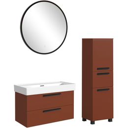 Badmöbel-Set Welltime "SALVADA, 3tlg-Set, gedämpfte Scharniere, Softclose, Keramikbecken", rot, B:140cm H:200cm T:47,5cm, MDF, Kastenmöbel-Sets, Rot, Keramikbecken 1 od. 2 Armaturlochbohrungen