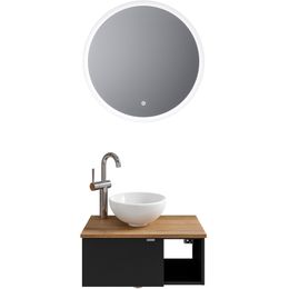Badmöbel-Set SAPHIR "Serie 6915", schwarz (schwarz matt select, riviera eiche), B:70cm H:200cm T:35cm, Kastenmöbel-Sets, Gäste-Bad, 70 cm breit, mit LED-Spiegel, offenem Fach und 1 Tür